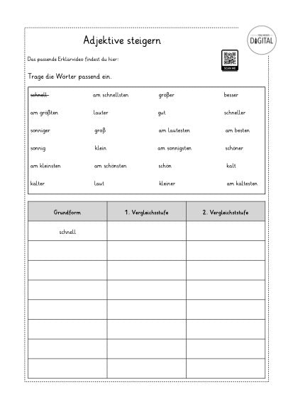 Adjektive steigern. Zweiseitiges Arbeitsblatt mit Lösung. Deutsch Klas ...