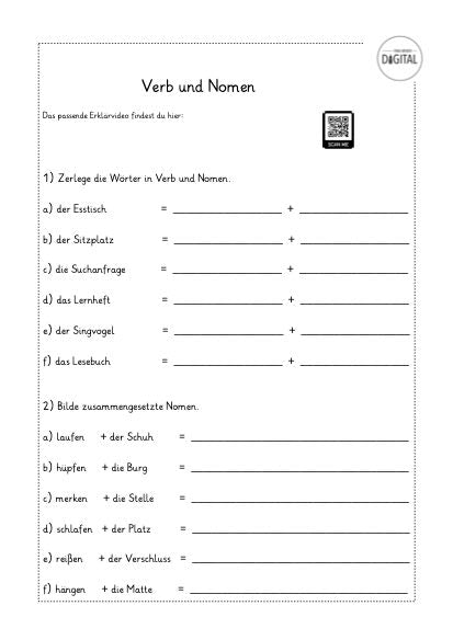 Zusammengesetzte Nomen aus Verb und Nomen. Arbeitsblatt mit Lösung. De ...