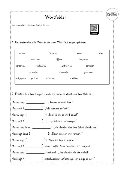 Wortfelder. Arbeitsblatt mit Lösung. Deutsch Klasse 4 – Frau Weber digital