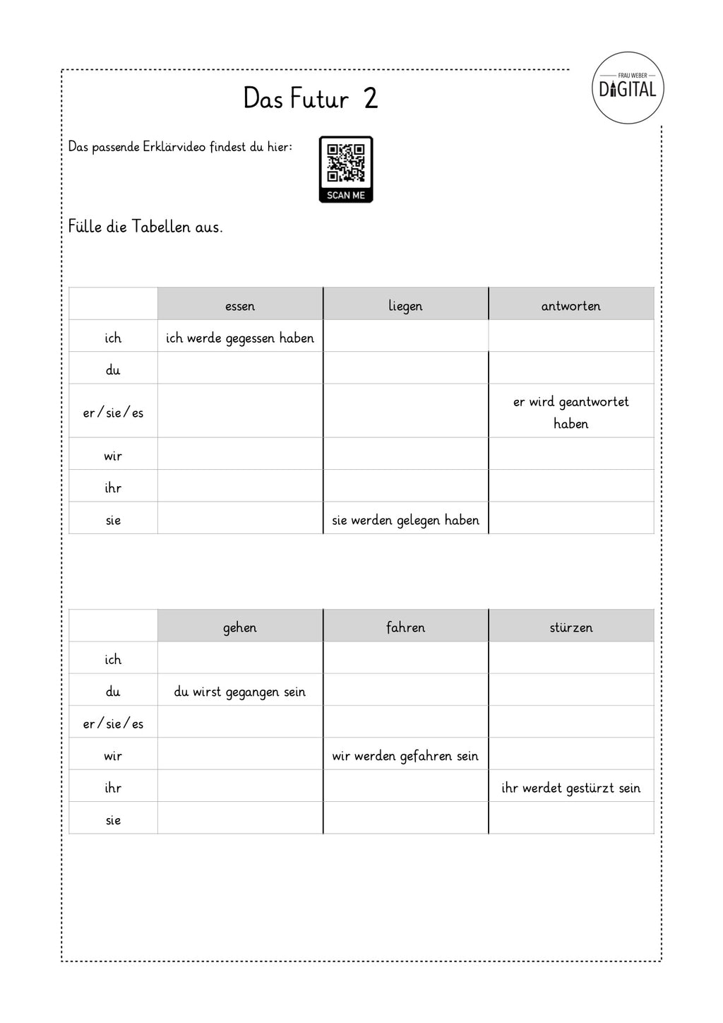 Futur 2 - Arbeitsblatt mit Lösung- Deutsch Zeitformen – Frau Weber digital