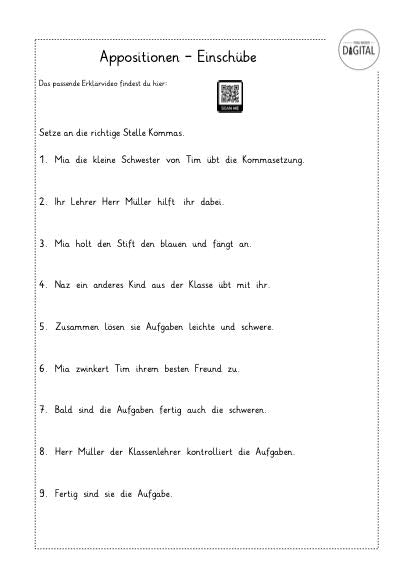 Appositionen. Arbeitsblatt mit Lösung. Deutsch ab Klasse 5. – Frau ...