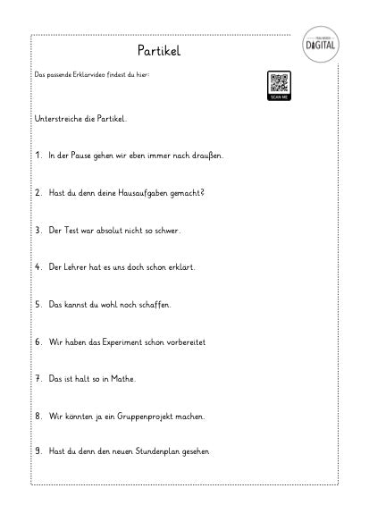 Partikel. Arbeitsblatt mit Lösung. Deutsch ab Klasse 5. – Frau Weber ...
