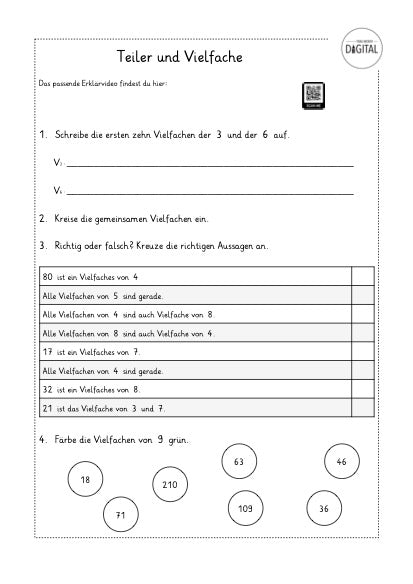 Teiler und Vielfache. Zweiseitiges Arbeitsblatt. Mathe Klasse 4. – Frau ...