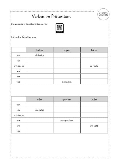 regelmäßige und unregelmäßige Verben im Präteritum. Arbeitsblatt mit L ...