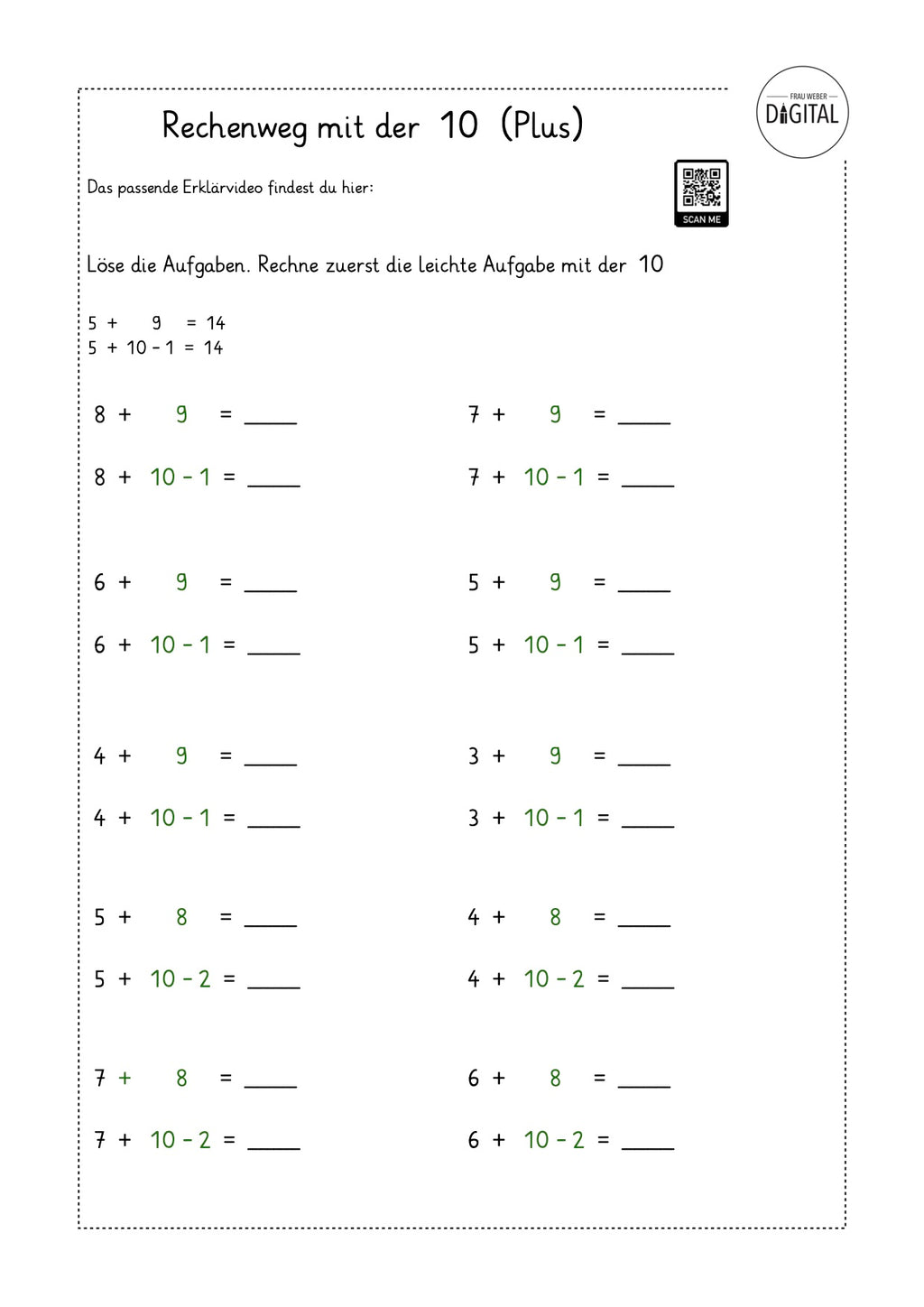 Rechenweg mit der 10 (Plus) - Arbeitsblatt mit Lösung. Mathe Klasse 1 ...