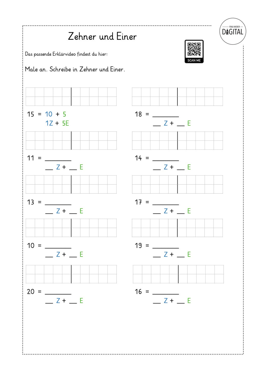 Zehner und Einer - Arbeitsblatt mit Lösung. Mathe Klasse 1 – Frau Weber ...