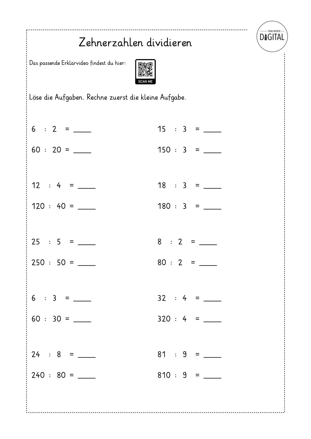 Zehnerzahlen dividieren - Arbeitsblatt mit Lösung. Mathe Klasse 3 ...