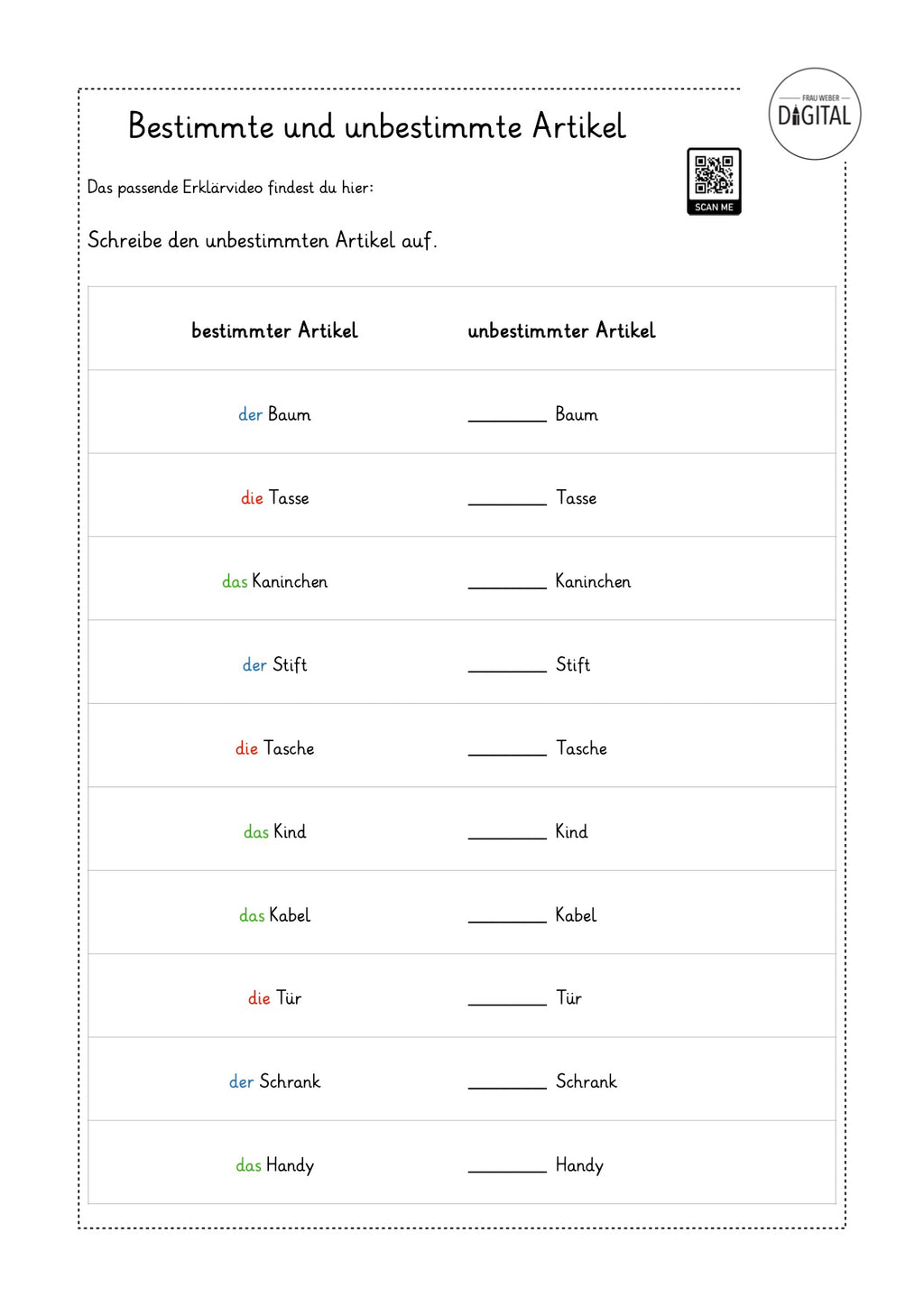 Bestimmte und unbestimmte Artikel - Arbeitsblatt mit Lösung. Deutsch K ...